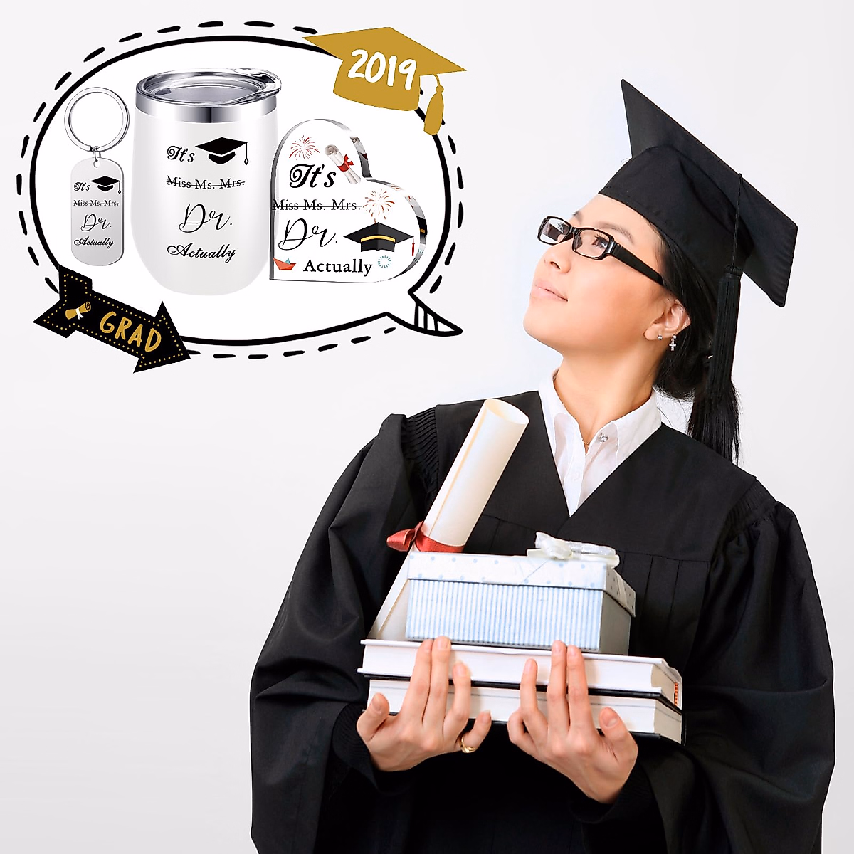 Gerrii 3 Pcs Phd Degree Gifts Set It's Miss Ms Mrs Dr Actually, Dr Gift Includes Insulated Tumbler 12 oz Acrylic Heart Decor Stainless Steel Keychain for Friend Men Women Graduation 2024 Appreciation