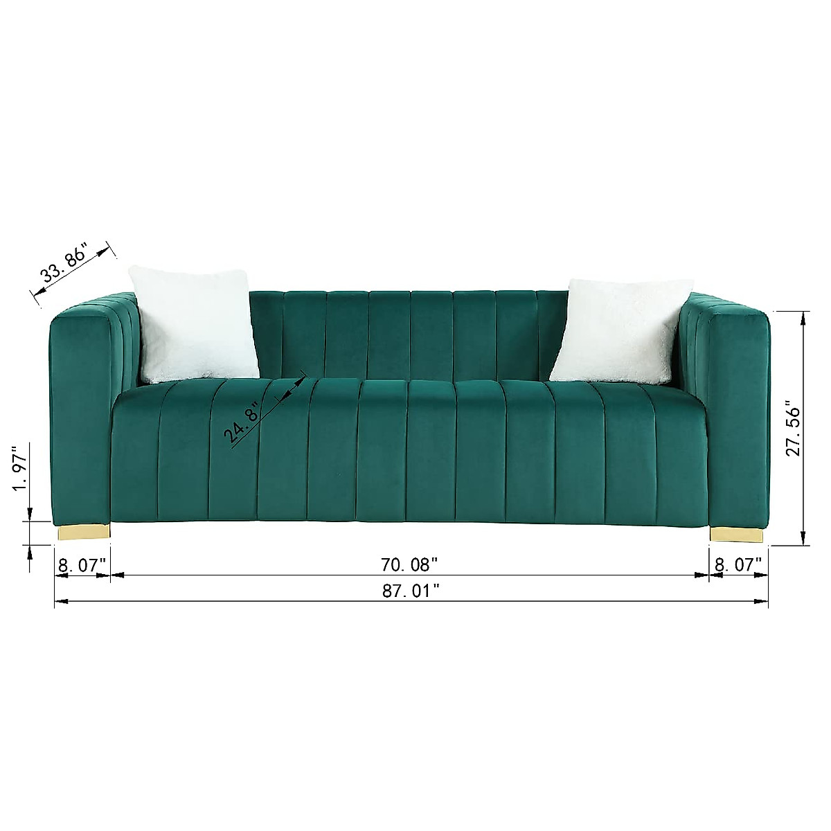 JUSTONE Modern Sofa Couch for Living Room, Mid Century 3-Seater Velvet Chesterfield Sofa, Upholstered Couch with Gold Leg&Pillows for Apartment, Office,Easy to Install- Dark Green