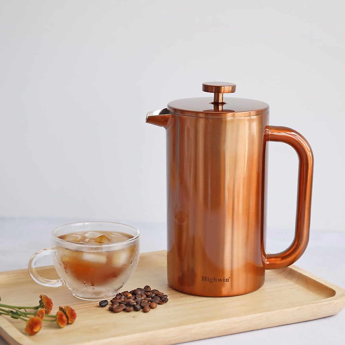 Highwin 8-Cup Double Wall Insulated Stainless Steel French Coffee Press, 32-Ounce Durable Coffee Tea Maker with Stainless Steel Plunger, Copper