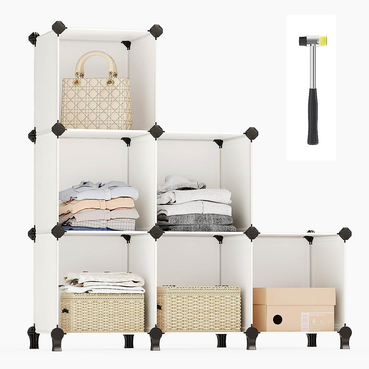 SONGMICS 6 Cube Storage Organizer, DIY Closet Shelf, Plastic Clothes Organizer, Modular Bookcase, 11.8 x 11.8 x 11.8 Inch Cubes, with Feet and Rubber Mallet, Cream White ULPC111M01