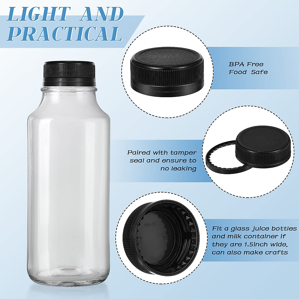 100 Pcs Caps for Empty Juice Bottles, Tamper Seal Lids 38 mm Plastic Bottle Caps Container Lids Bottle Caps for Crafts DIY, 4, 8,12, 16, and 32 oz Container(Black)