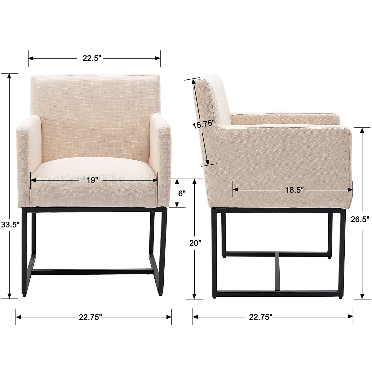 HNY Mid Century Modern Upholstered Dining Chairs with Arms Set of 2, Linen Accent Black Finish Metal Frame, 19'' Wide Arm for Living Room Kitchen Bedroom, Cream, Cream-linen-black Frame