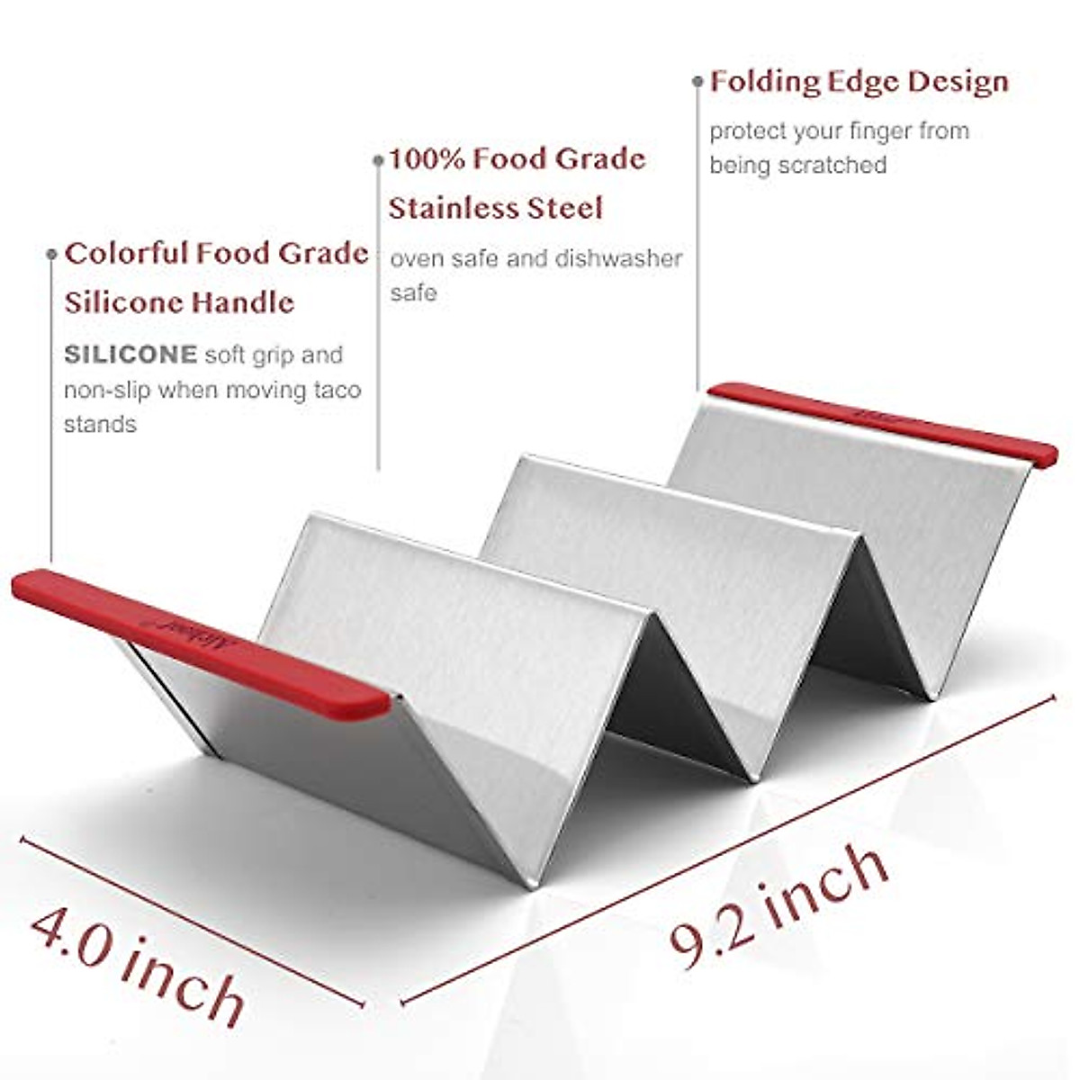 Taco Holder Stands Stainless Steel Set of 6 with Colorful Silicone Easy-Access Handle, Taco Rack, Taco Shell Holder, Taco Tray, Oven, Grill, and Dishwasher Safe, Smooth Edge