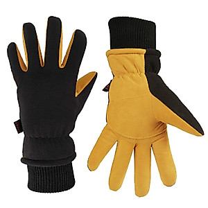 OZERO Winter Gloves for Men Women: Water-Resistant Thick Cold Weather Gloves with Deerskin Suede Leather Palm for Driving Bike Riding Hiking Snow Skiing Tan-Black Small