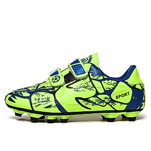 FUQIAO Kids Firm Ground Soccer Cleats for Boys Girls Outdoor Athletic Turf Shoes Indoor Football Trainning Sneakers, Green, 13.5 Little Kid