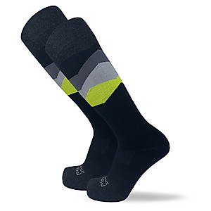 Pure Athlete Eco Friendly Winter Ski Socks - Sustainable Cold Weather Hiking Snowboard Socks (L, 2 Pairs - Black/Grey/Neon Green)