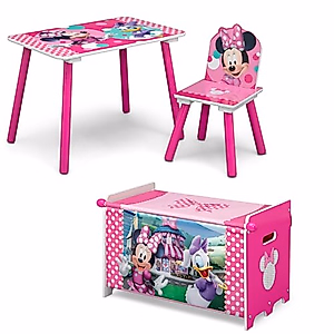 Delta Children Disney Minnie Mouse 3-Piece Toddler Playroom Set– Includes Table, Chair and Toy Box, Pink