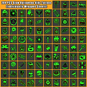Partywind 204 Styles Glow Halloween Candy Temporary Tattoos for Kids, Luminous Sugar Tattoo Stickers for Party Decorations Supplies, Non-Candy Halloween Treats for Kids Trick or Treat Party