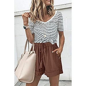 Acelitt Women's Ladies Plus Size 2024 Summer Fashion Casual Shorts Comfy Trendy Drawstring Summer Elastic Waist Beach Linen Shorts Brown XXL