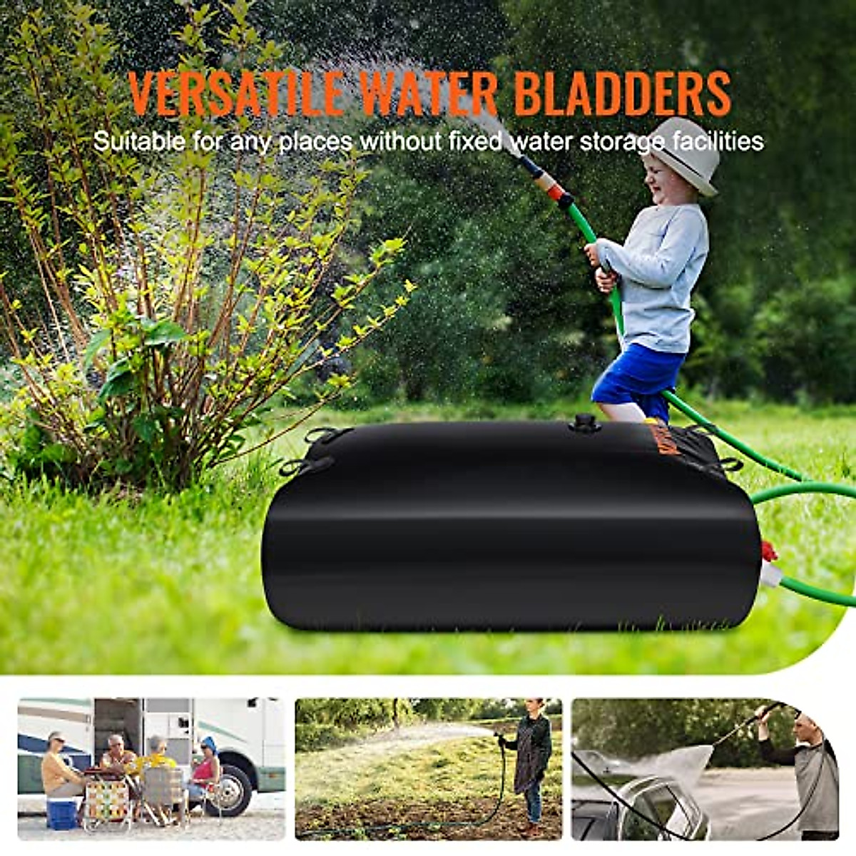 VEVOR Portable Water Storage Bladder,143 Gallon Large Capacity Water Storage Containers,1000D PVC Water Bladder Including Spigots and Overflow Kit,Water Tank for Garden Water Catcher, Black