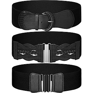 Geyoga 3 Pack Women's Wide Elastic Waist Belt for Dress Black Vintage Stretch Waistband Cinch Belt, 3 Styles, 28.7-37.0 in