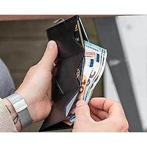 EXENTRI Leather Trifold Wallet - RFID Blocking w/Stainless Steel Locking Clip (Black)