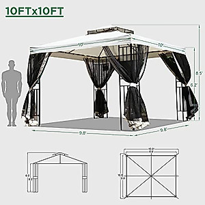 Gazebo Canopy, 10x10 Outdoor Gazebo Backyard Canopy Tent with Mosquito Netting and Double Roof for Party, Wedding, BBQ and Event