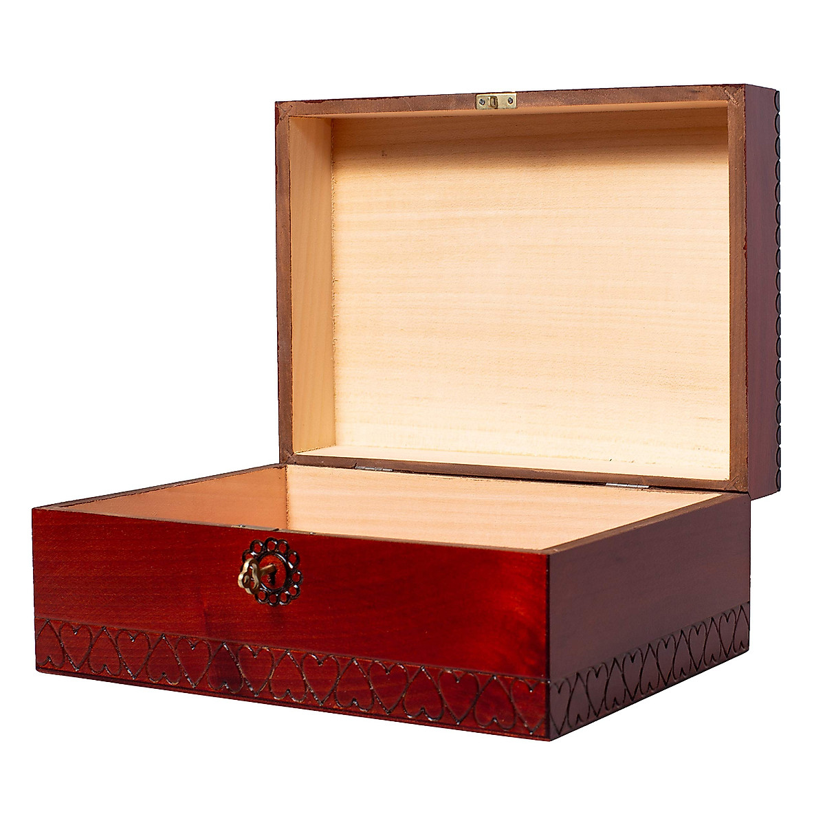 Artisan Owl Polish Handmade Large Trunk 10" Heart Patterned Wooden Box with Lock and Key for Keepsakes, Love Letters, Jewelry, and Specialty Items