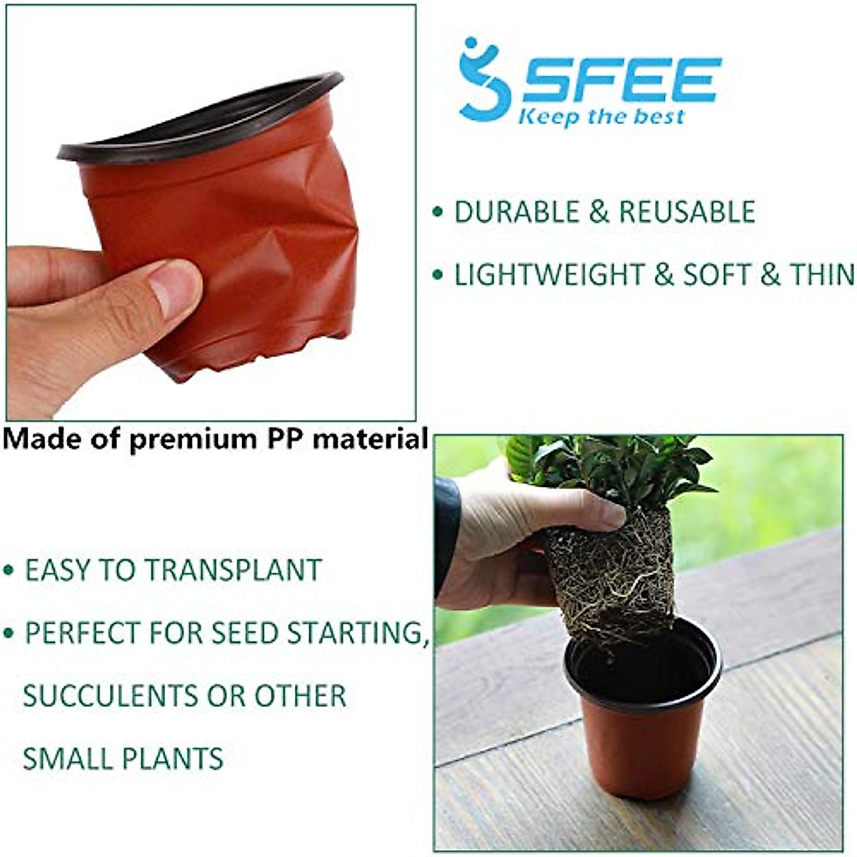 Sfee 100 Pack Plant Nursery Pots 4 inch Plastic Plant Pots, Soft Durable Reusable Seed Starting Pots for Succulents Plants Vegetables Fruits Seedlings Cuttings Transplanting with 100 Plant Labels