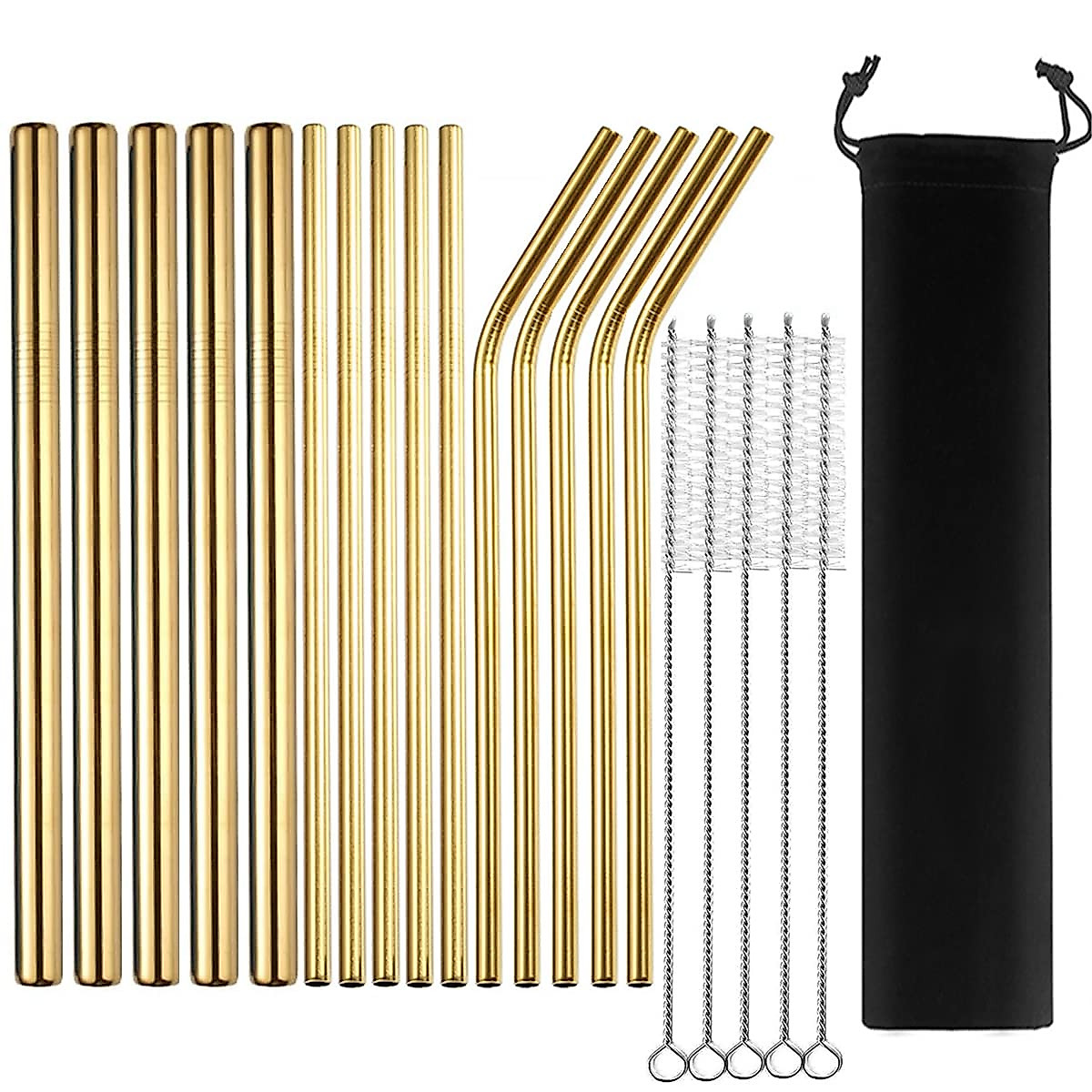 15pcs Reusable Metal Straws with 5 Cleaning Brushes - 18/8 Stainless Steel Straws with 5 Straight 5 Bent 5 Boba Straws - Eco Friendly Drinking Straws with Case for Party Drinkware (Gold)