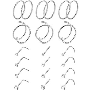 Vegolita 21PCS 20G 316L Stainless Steel Nose Rings Hoop for Women Men Double Nose Ring CZ Nose Stud Piercing Jewelry S