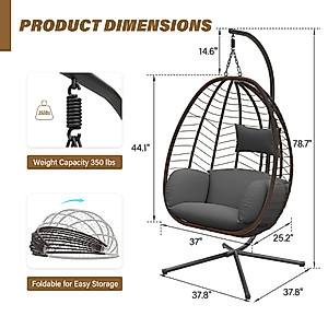 ALAULM Egg Swing Chair Outdoor Indoor Wicker Rattan Hanging Chair with Stand 350lbs Capacity w/Strong Frame & Grey Cushions for Patio Balcony Bedroom