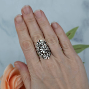 Filigranist 925 Sterling Silver Filigree Art Lace Embroidery Detailed Women Long Statement Ring (8.5)