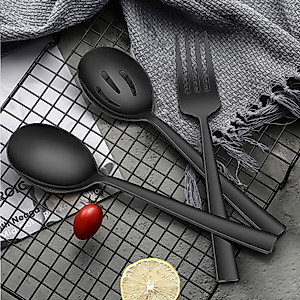 LIANYU 2 Black Serving Spoons, 2 Black Slotted Serving Spoons, 2 Black Serving Forks, 8.6 Inch Stainless Steel Metal Serving Spoons Forks for Buffet Catering Banquet, Dishwasher Safe