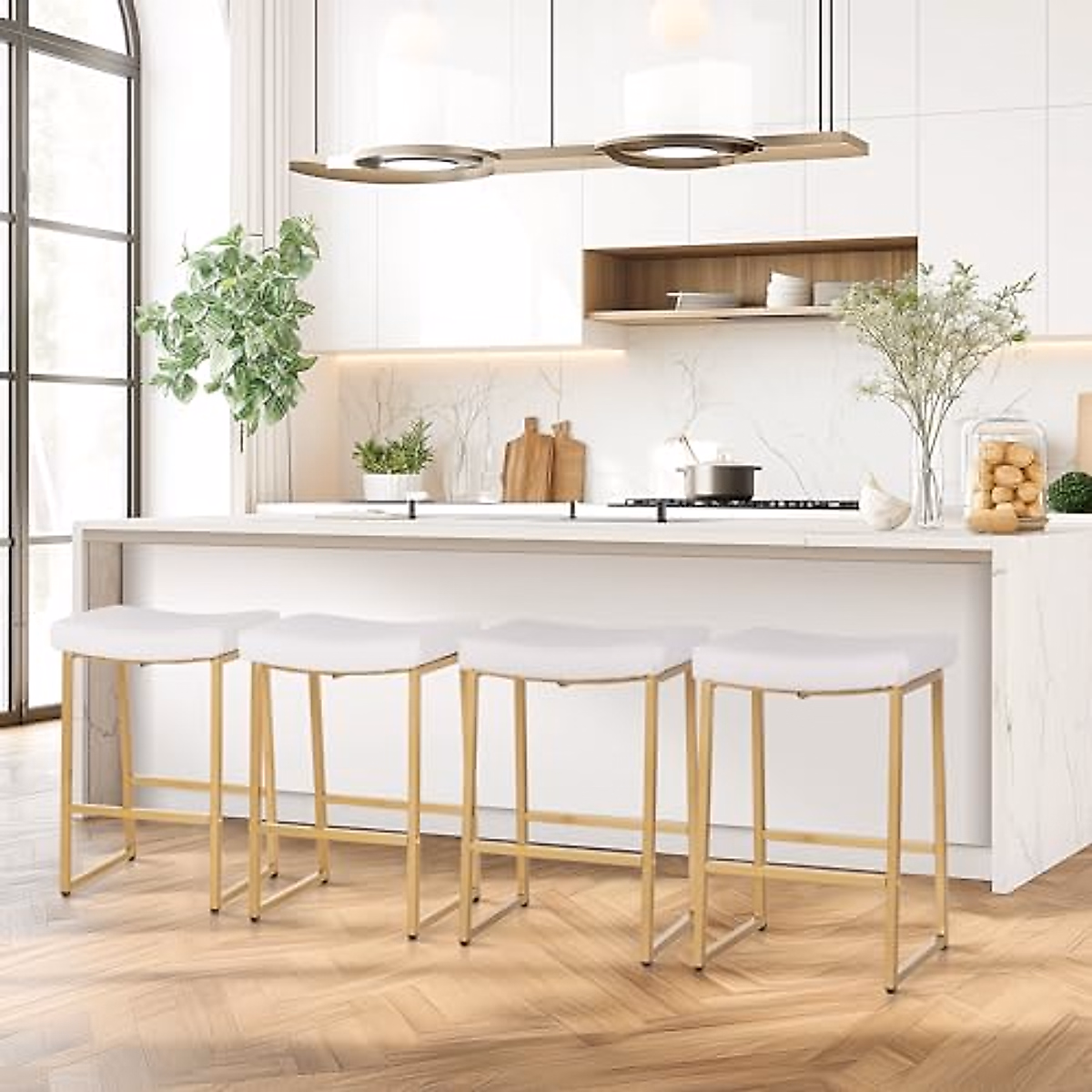 MAISON ARTS White & Gold Bar Stools Set of 4 Counter Height 24 Inches Saddle Stools for Kitchen Counter Backless Modern Gold Barstools Upholstered Faux Leather Stools Farmhouse Island Chairs