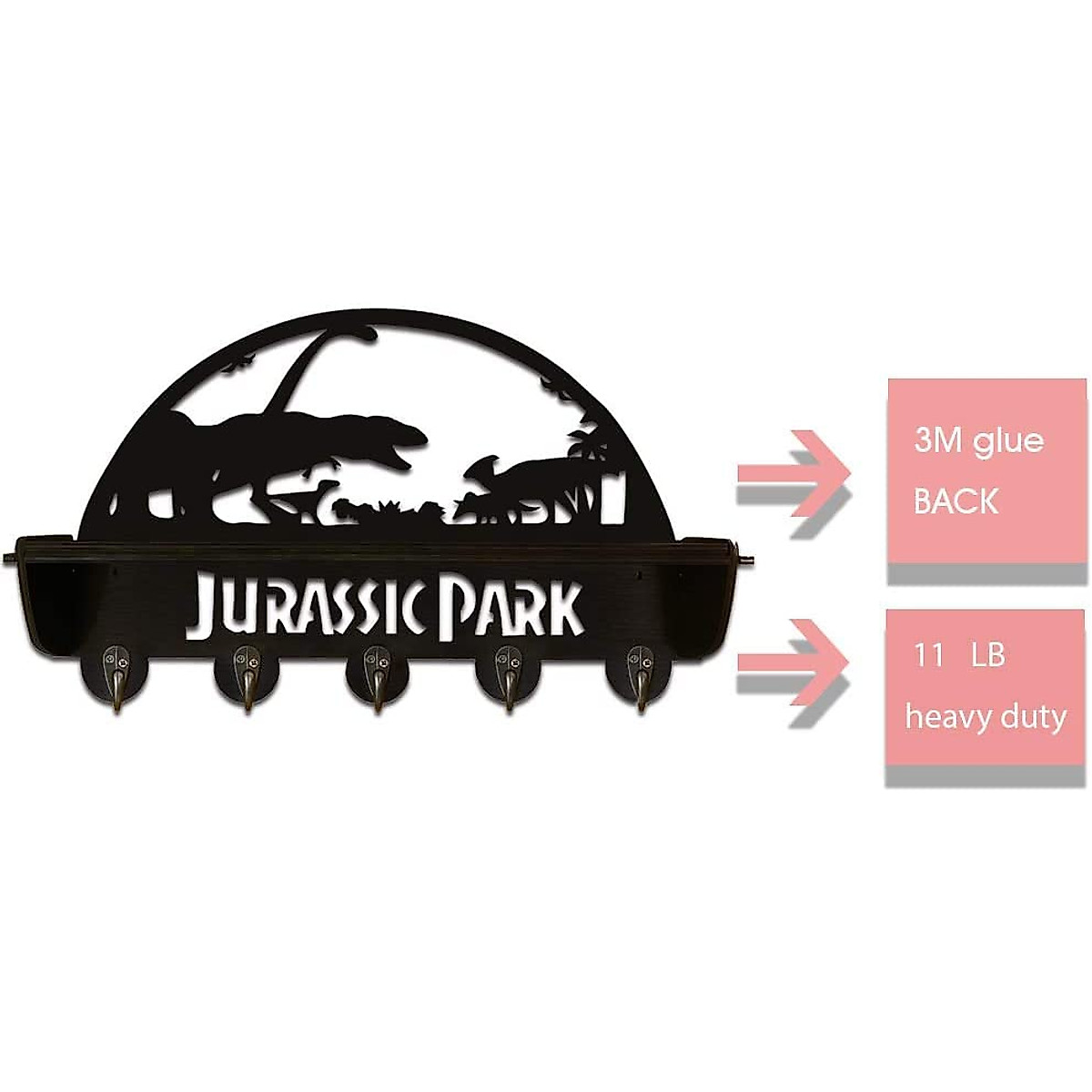 Dinosaur Theme Park World ，Hat Rack Key Hook Coat Hook Towel Holder, with 5 Metal Hooks, Clothes Hook, Kitchen Shelf, Wooden Storage Shelf,Black,16 Inch, 11 Lbs