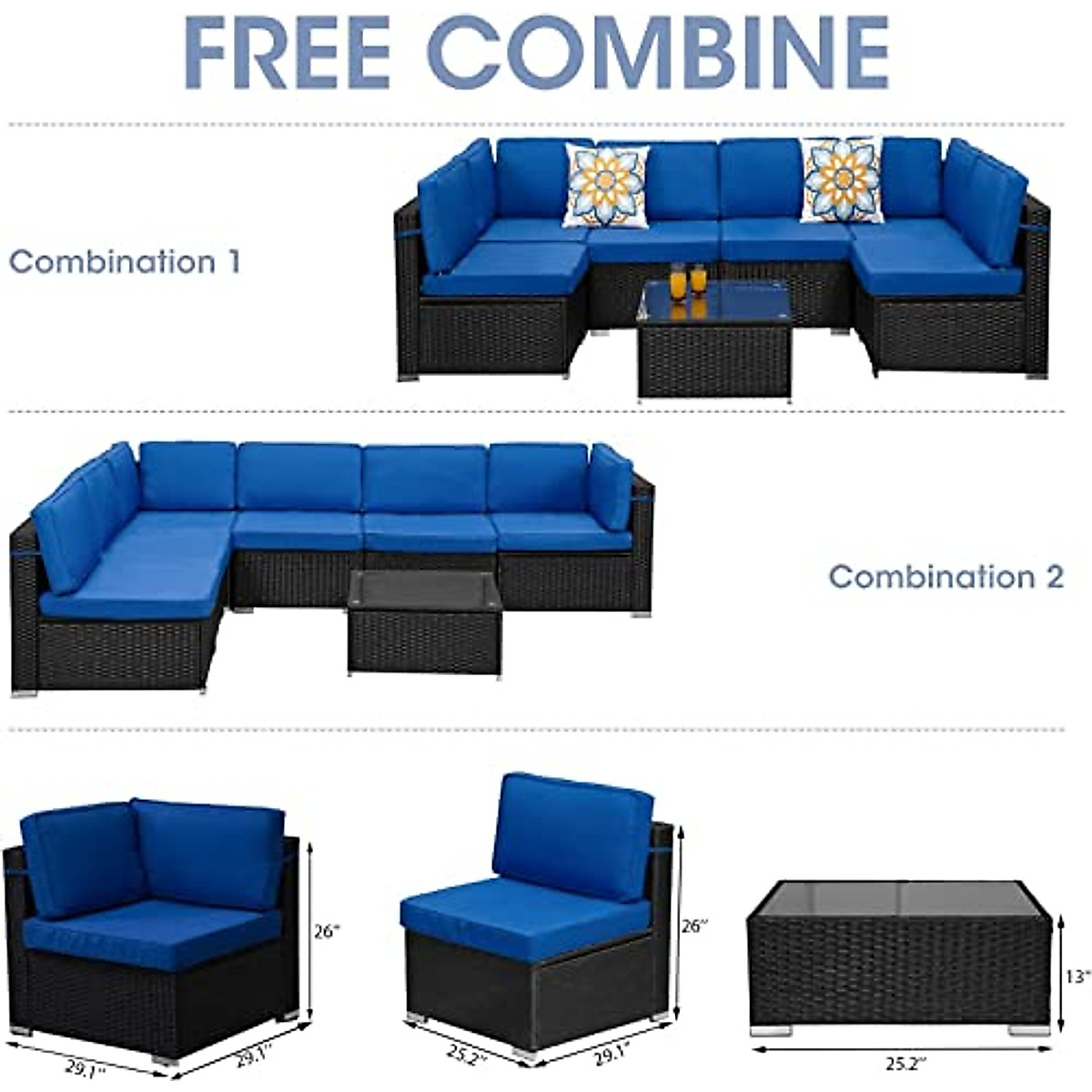 SUNVIVI OUTDOOR 7 Piece Patio Furniture Set, All-Weather Black Wicker Couch Sofa with Glass Coffee Table, Washable Navy Blue Cushions