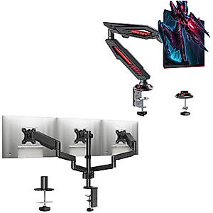 MOUNTUP Triple Monitor Desk Mount& Single Monitor Stand Fully Adjustable Bundle for Computer Screen up to 27 inch, Holds up to 17.6lbs
