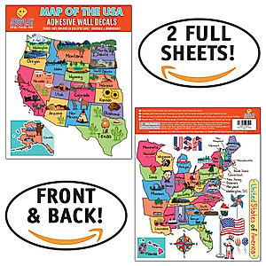 Map of The USA Adhesive Wall Decals - Wall Décor Stickers for Kids & Toddlers Include United States Map and Country - Reusable Wall Decor for Bedroom, Living Room, Nursery, Classroom