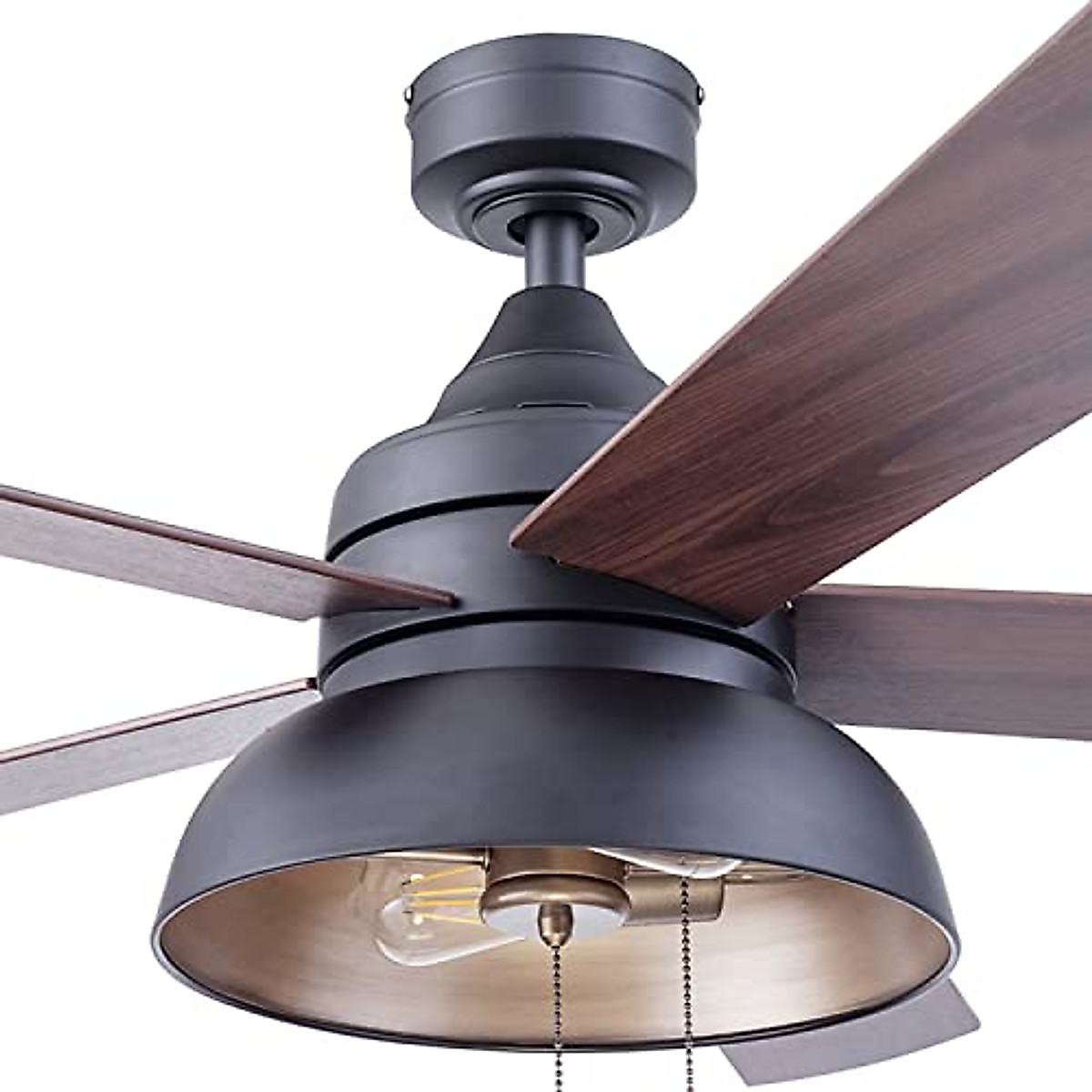 Prominence Home Brightondale, 52 Inch Industrial Style Indoor Outdoor LED Ceiling Fan with Light, Pull Chain, Dual Mounting Options, 5 Dual Finish Blades, Reversible Motor - 51659-01 (Matte Black)