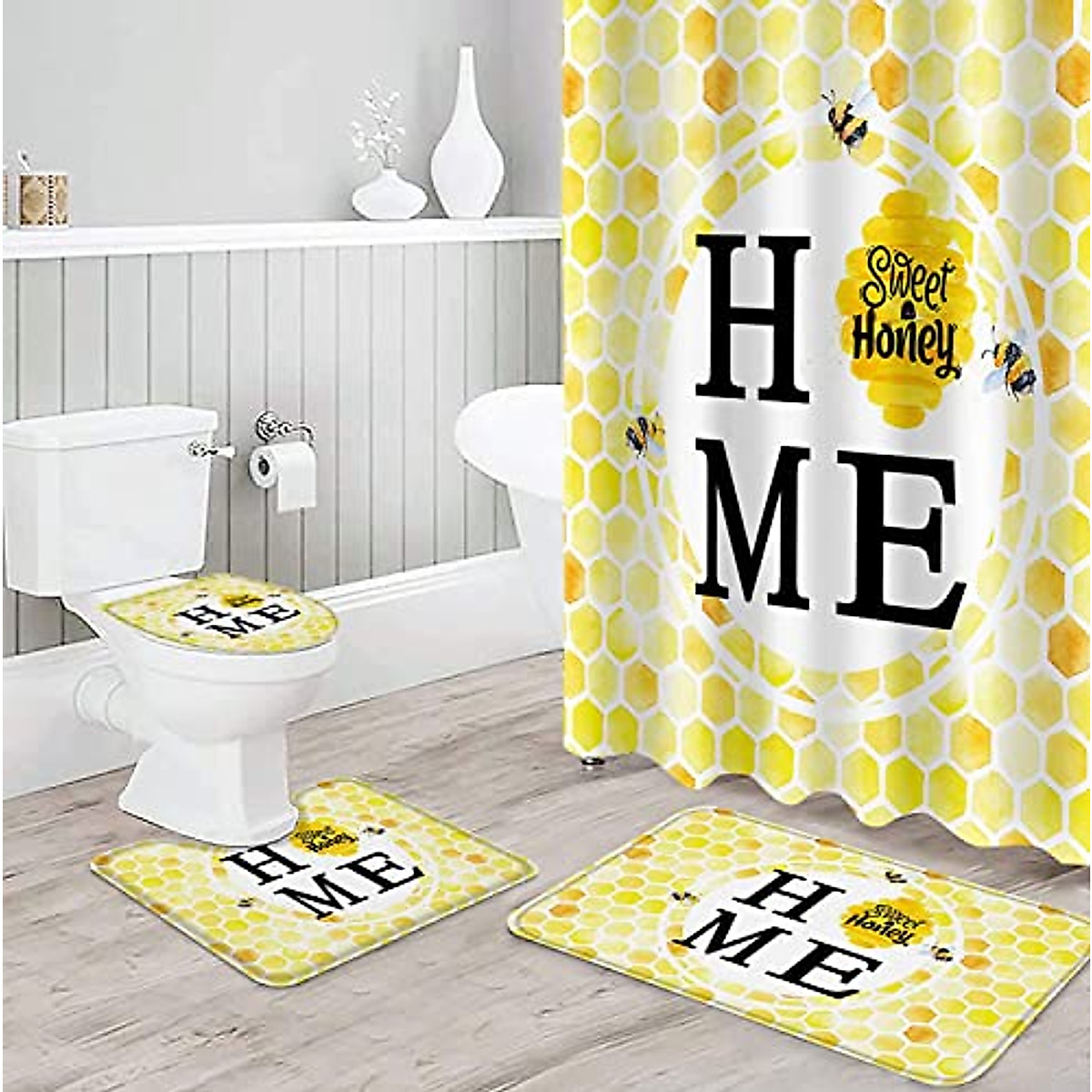Honeycomb 4 Pieces Shower Curtain Sets with Non Slip Rugs Toilet Lid Cover and Bath Mat, Yellow Honeycomb with Bee Watercolor Bathroom Decor Set with 12 Hooks, 72" x 72"