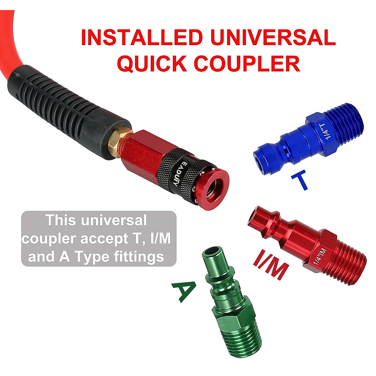 EADUTY Hybrid Air Hose 1/4 In. x 25 ft, Lightweight, Flexible, Durable Air Compressor Hose with Aluminum Universal Quick Coupler and Industrial Plug, Red