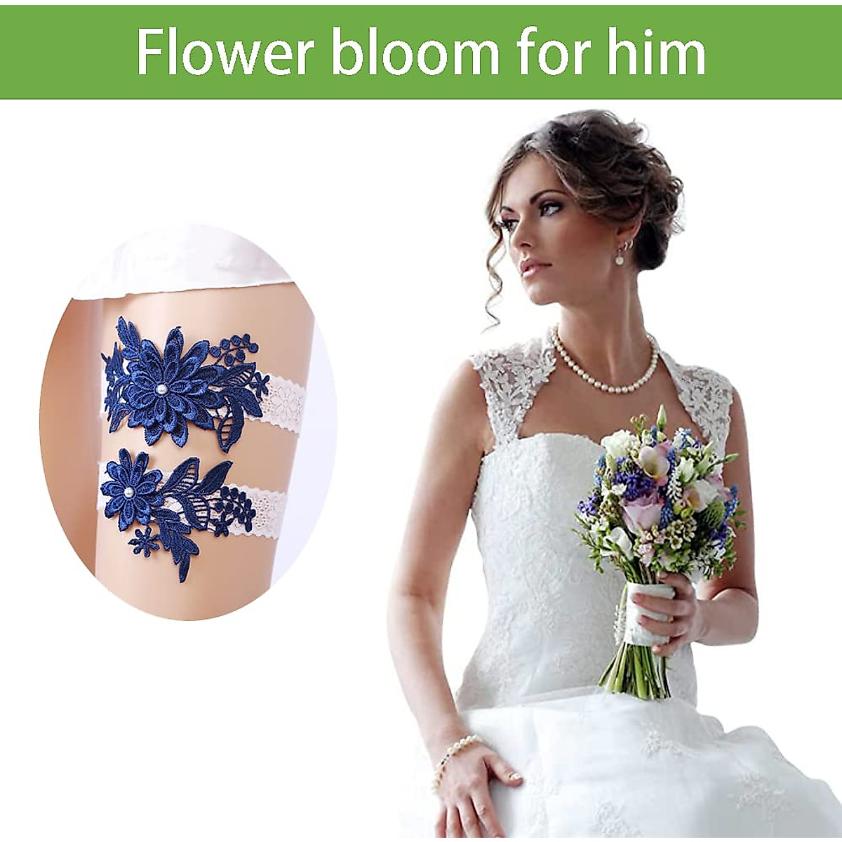 Wedding Garters for Bride Bridal Lace Garter Set Floral Leg Ring with Hand Sewn Faux Pearls (White)