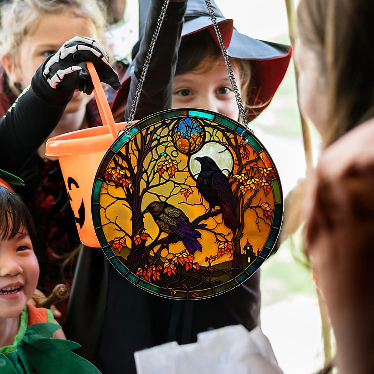 MATIHAY Crows Stained Acrylic Window Hanging - Crow Raven Wall Decor for Bird Lovers, Halloween Fall Christmas Decor for Home, Cafe (Crows,L)