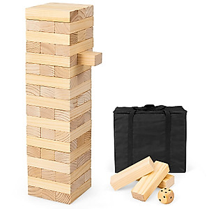 Costzon Giant Tumbling Timber Toy, 54PCS New Zealand Pine Wooden Block Stacking Game w/Carrying Bag, Attached Dice, Curved Edge, Yard Tower Game Fits Kid & Adult for Parties & Gathering Playing