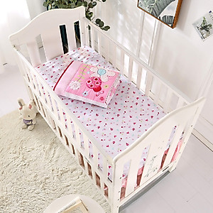 VIVILINEN Pink Ladybird Baby Crib Bedding Set for Girls 3 Pieces Bird Flowers Infant Toddler Nursery Comforter Sets with Crib Quilt Baby Blanket Fitted Sheet Crib Skirt for Standard Size Crib