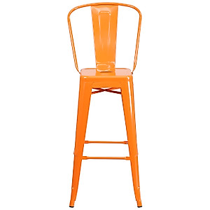 EMMA + OLIVER Commercial Grade 30" H Orange Metal Indoor-Outdoor Barstool with Back