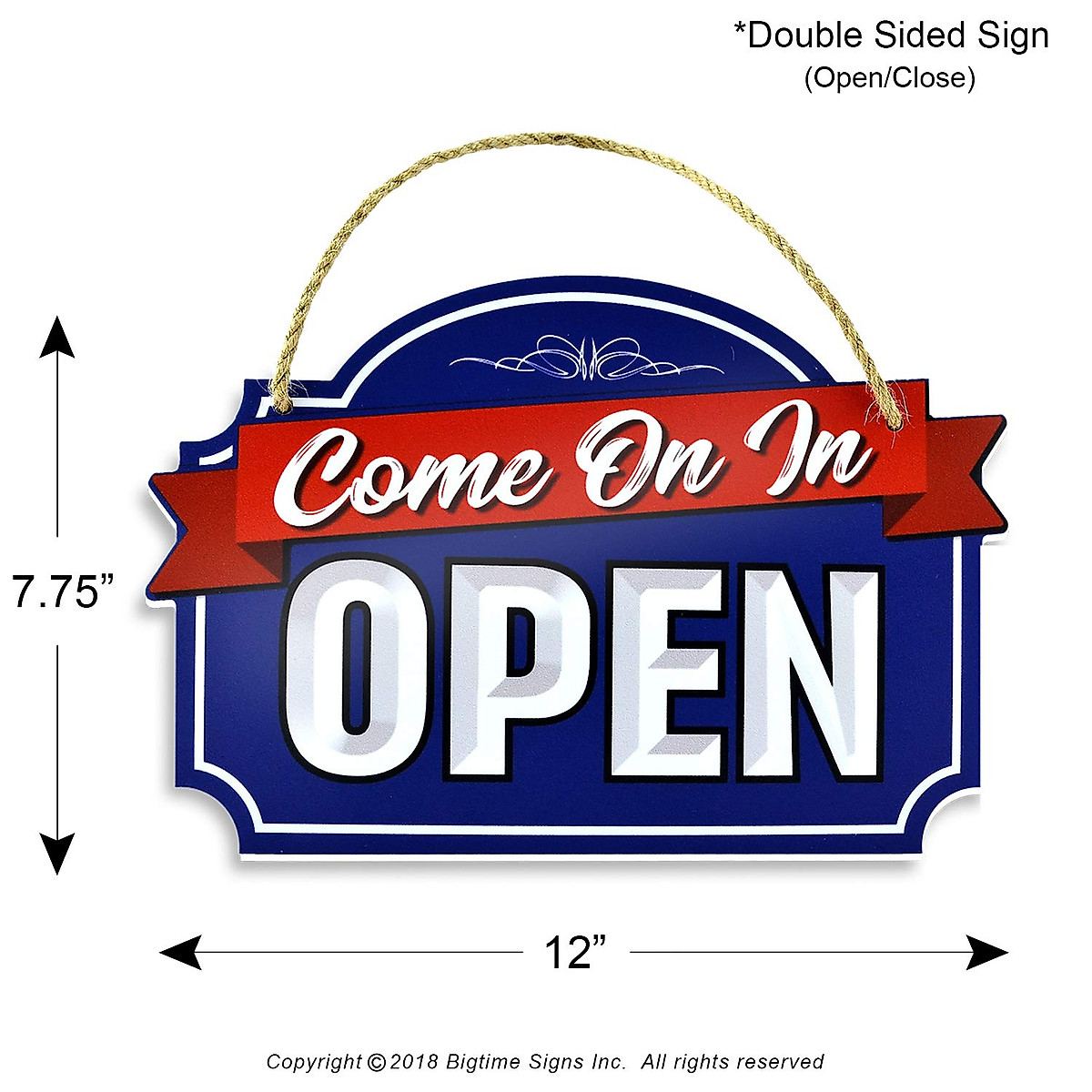Bigtime Signs Open Closed Sign For Business Door - PVC 9" x 14" XL Reversible Double Sided with Rope for Hanging - Blue Background Open Signs For Business Decor | Modern Style Door Mount Sign