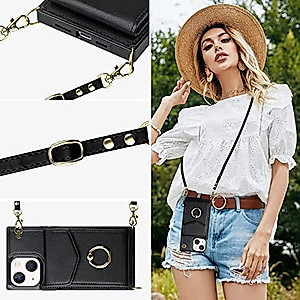 Vofolen Phone Case for iPhone 13 Wallet Cover with Credit Card Holder Lanyard Crossbody Strap Leather Magnetic Clasp 360°Swivel Ring Stand Heavy Duty Protective Square Flip Cover 6.1 inch Black