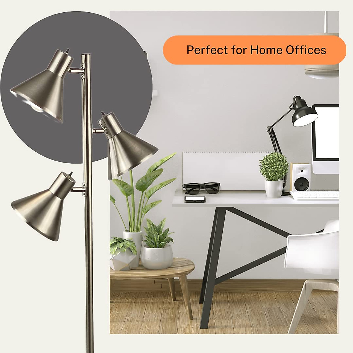 LIGHTACCENTS 3 Light Brushed Nickel Floor Lamp with 3 Adjustable Reading Room Lights - Tree Style Standing Lamp with Adjustable Lights - Floor Standing Pole Light - Living Room Lamp (Brushed Nickel)