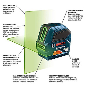 BOSCH GLL75-40G 75ft Green-Beam Self-Leveling Cross-Line Laser with VisiMax Technology, L-Bracket Adjustable Mounting Device and Carrying Pouch , Red