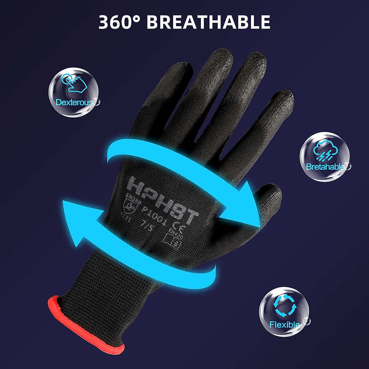 HPHST PU Coated Safety Work Gloves, 12 Pairs Work Gloves Mechanic Working Seamless Knit Glove for Men Women with Polyurethane Coated Smooth Excellent Grip on Palm&Fingers - Black (Large)