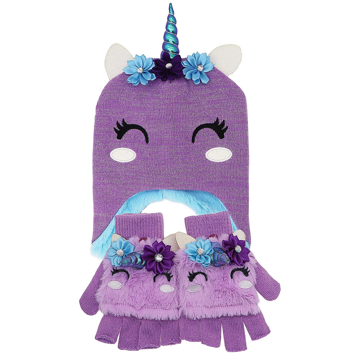 Little Girls Winter Unicorn Beanie Hat and Gloves Set Kids Knitted Earflap Cap Flip Top Mitten Set