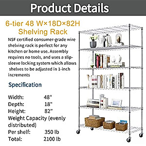 6 Tier Wire Shelving Rack,Steel Shelf 48" W x 18" D x 82" H Adjustable Storage System with Casters/Wheels and Feet Levelers,Garage Shelving Unit, Storage Shelving Rack,Kitchen/Office Rack (Chrome)