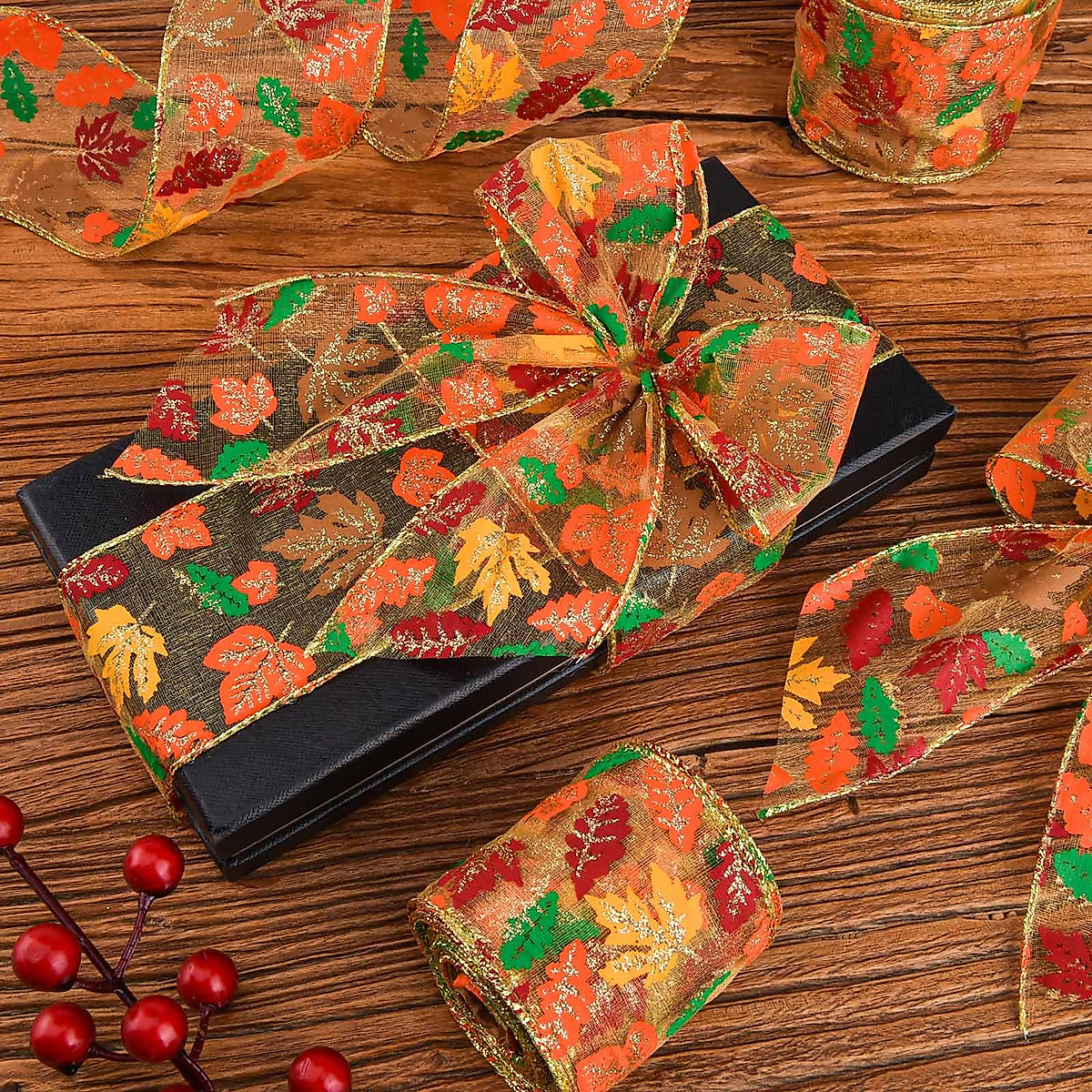 2 Rolls Fall Wired Ribbon Autumn Maple Leaves Organza Glitter Ribbons Thanksgiving Orange Decorative Craft Ribbon for Gift Wrapping Bow Wreath Making DIY Fall Party Decoration