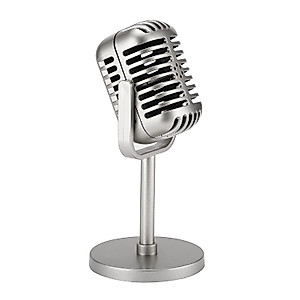 Facmogu Classic Retro Style Microphone Prop, Fake Vintage Microphone Prop Model with Stand, Silver Antique Microphone Decor Microphone Costume Prop for Party Decorations - Silver