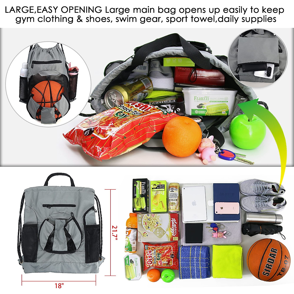 BeeGreen Grey Basketball Backpack Drawstring Backpack with Ball Holder & Shoe Compartment Sling Backpack for Soccer & Football & Volleyball, String Backpack for Dance Sports Yoga Men Women