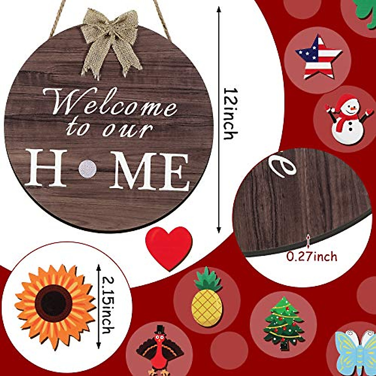 Interchangeable Seasonal Welcome Sign Halloween Front Door Decor Rustic Wood Welcome to Our Home Sign Wall Hanging Porch Decoration for Halloween Christmas Fall Winter Thanksgiving Holiday (Brown)