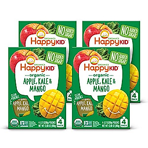 HAPPYKID Organics Organic Kid Snack, Apple, Kale, & Mango, 3.17 Ounce Pouch, Pack of 16 (Packaging May Vary)