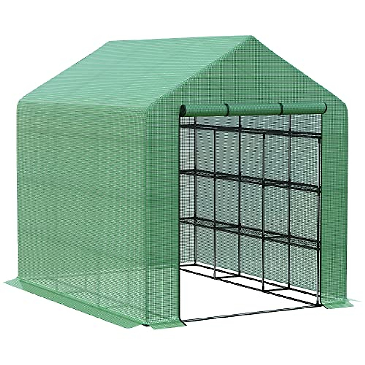 Outsunny 8' x 6' x 7' Portable Greenhouse 4-Tier Walk in Greenhouse with Roll Up Zipper Door for Flower Herb Vegetable